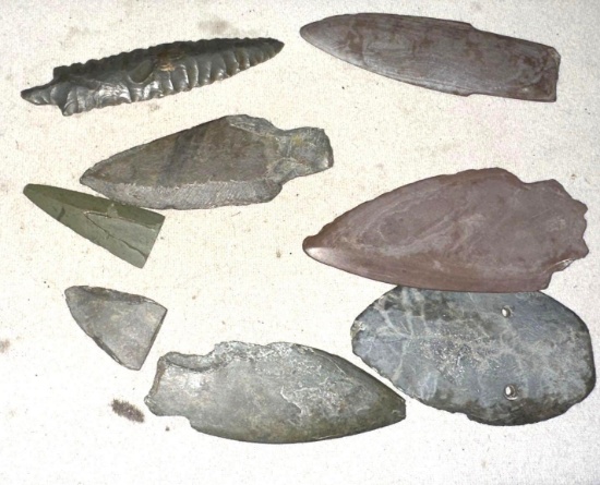 7 Eskimo made slate Knife Blades plus a Fine Quality Spear Point of ...