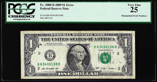 2009 $1 Federal Reserve Note Mismatched Serial Number Error Fr.3000-B ...