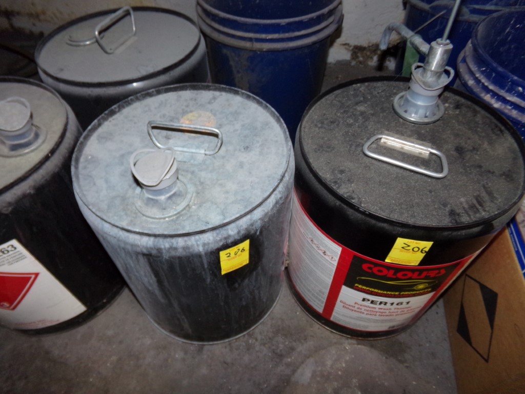 Group of Pails and 5 Gallon Tins With Some | Proxibid