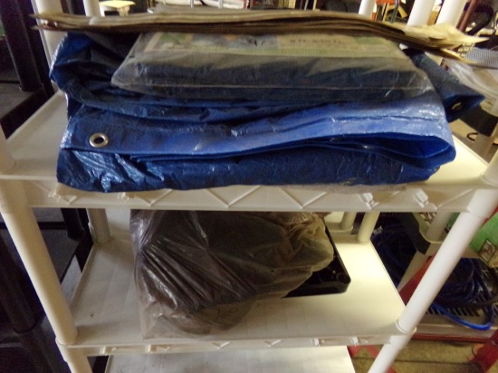 (3) Poly Tarps, Decals, Bag-O-Scrubbies and Small Plastic End Table ...