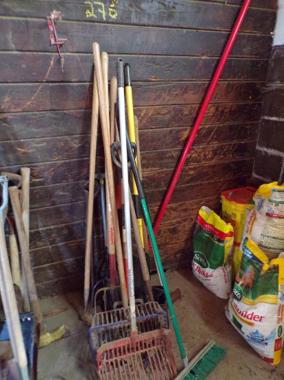 Group Of Hand Tools, Hay Rake, Pitch Fork, Scoop Shovels, Hoe, Spear ...