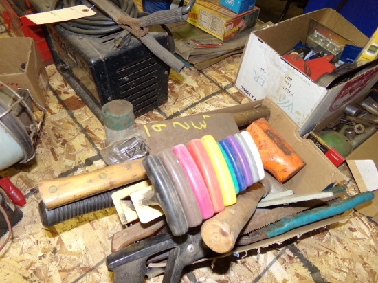 Blue Box of Misc. Hand Tools - Saw, Hex Keys, Cleaver, Mallets, Hammer ...