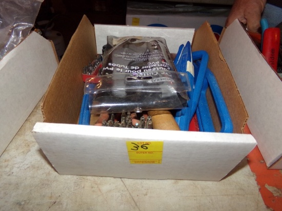 Box with Cramer ''Shark'' Tape Cutters, Small Wire Cutters, Hand Saw ...