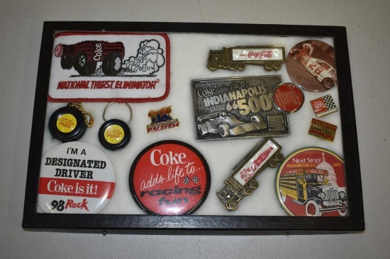 DISPLAY CASE WITH ASSORTED COCA-COLA PINS, | Online Auctions | Proxibid