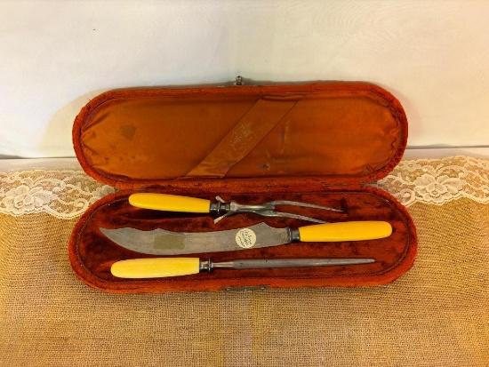 VICTORIAN CELLULOID HANDLED CARVING SET IN WOOD AND VELVET BOX | Art ...