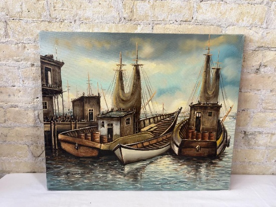 VINTAGE NAUTICAL HARBOR PAINTING ON CAVAS, SIGNED S. SAMSON, SEASIDE ...