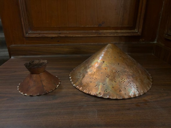 VINTAGE COPPER COLORED LIGHTLY HAMMERED/PUNCHES TIN LIGHT FIXTURE, CONE ...