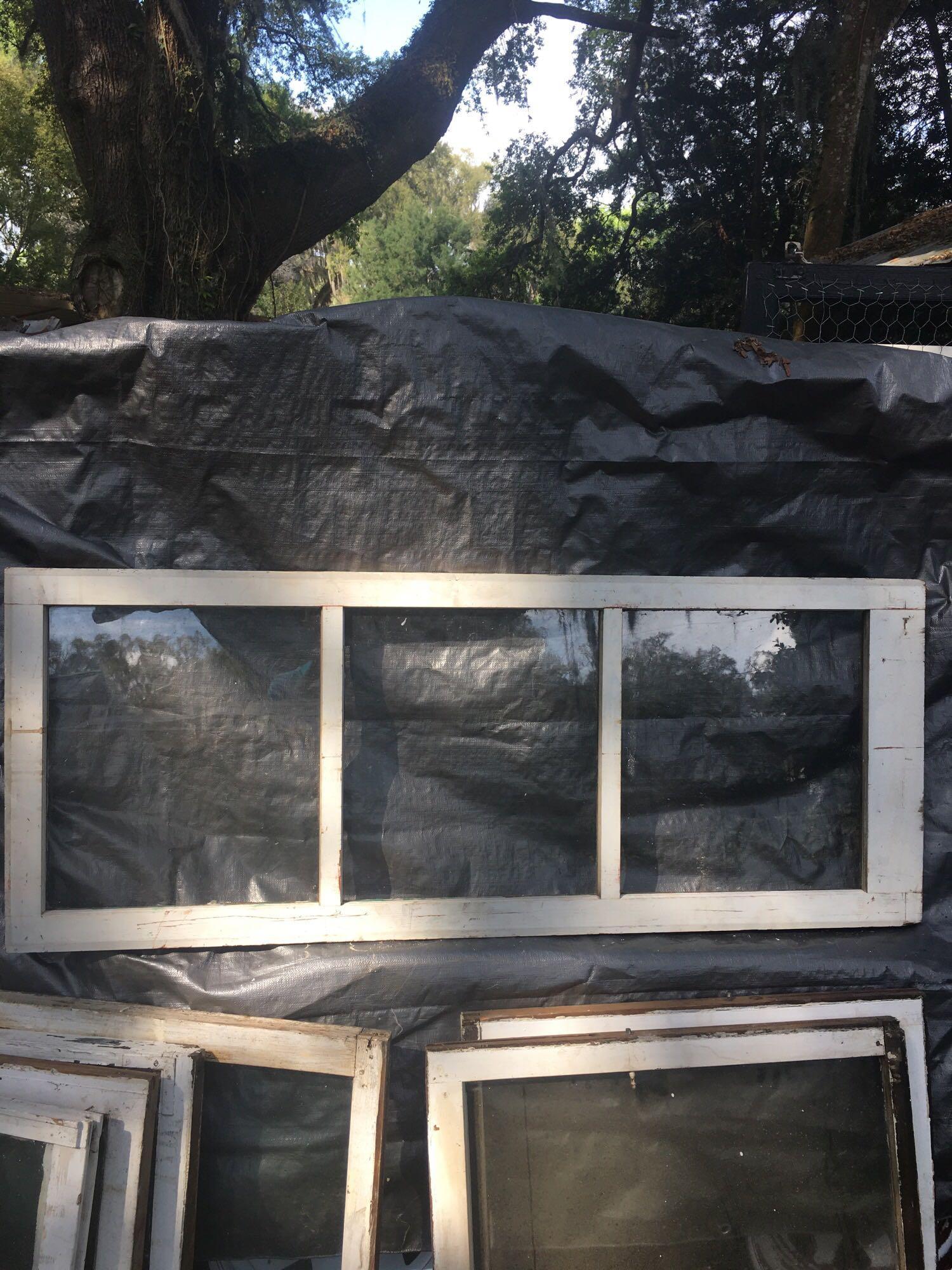 Large Tall antique 3 panel wood frame window | Proxibid