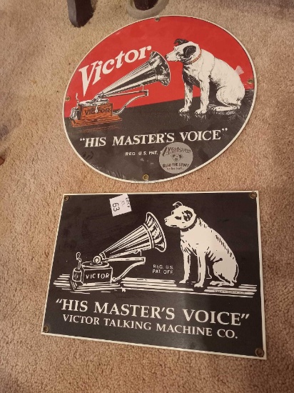 Ande Rooney Enamel Advertising Signs for Victor Dog His Master's Voice ...