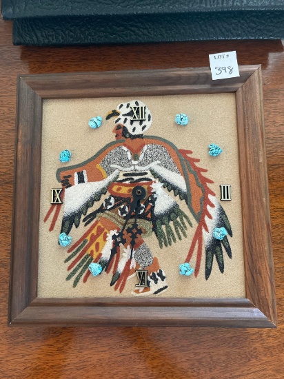 Framed "Eagle Dance Ceremony." Navajo sand painting clock, w/ Turquoise ...
