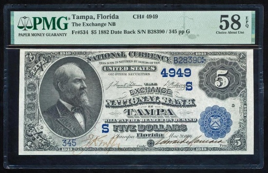 1882 $5 Tampa FL National PMG 58EPQ | Coins & Currency Currency US ...