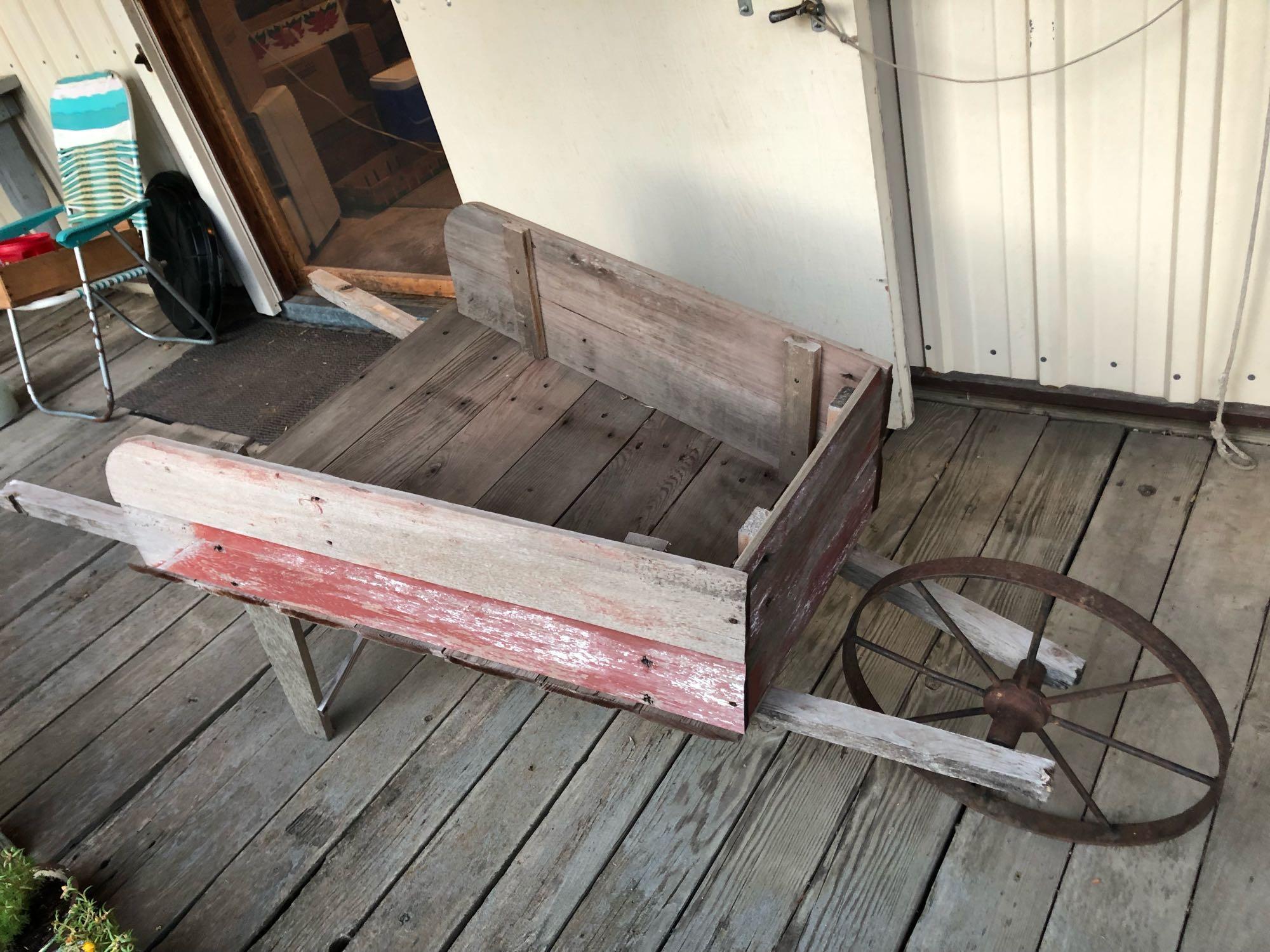 Decorative wood wheelbarrow, made w/barn siding & | Proxibid