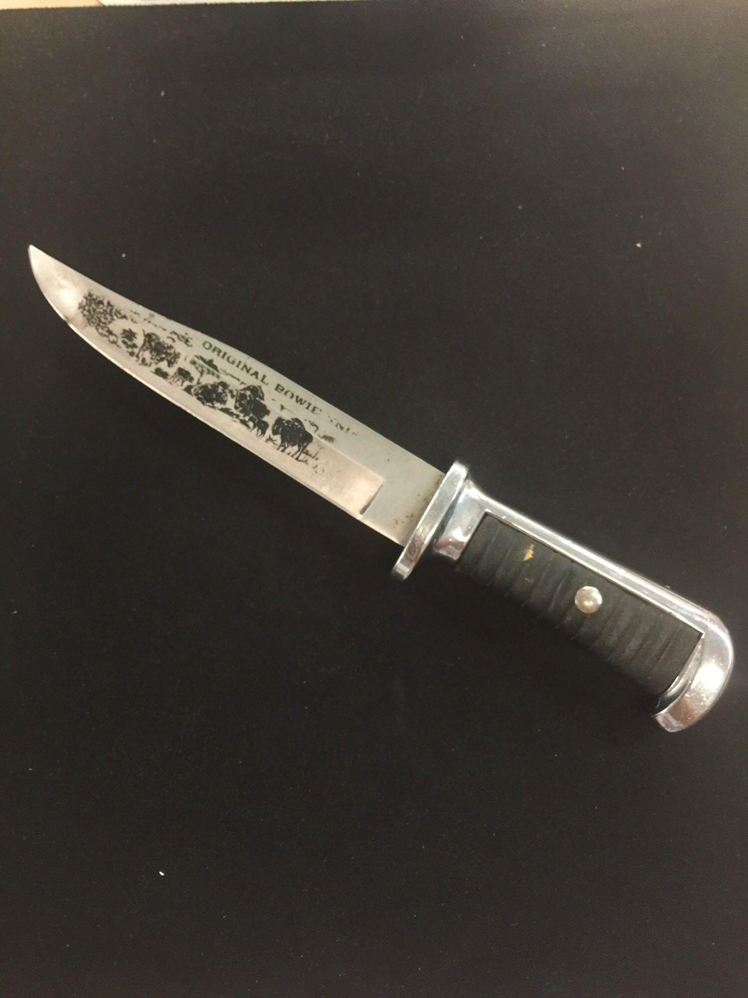 Original Bowie Knife Blade Print Large Decorated Bowie Knife In Sheath