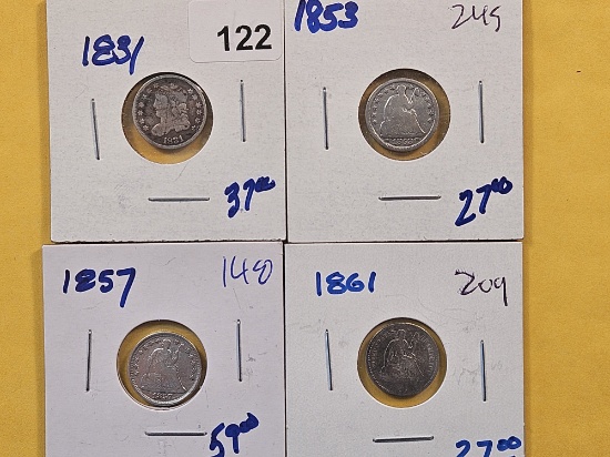 One Silver Bust Half Dime and Three Silver Seated Liberty Half Dimes ...