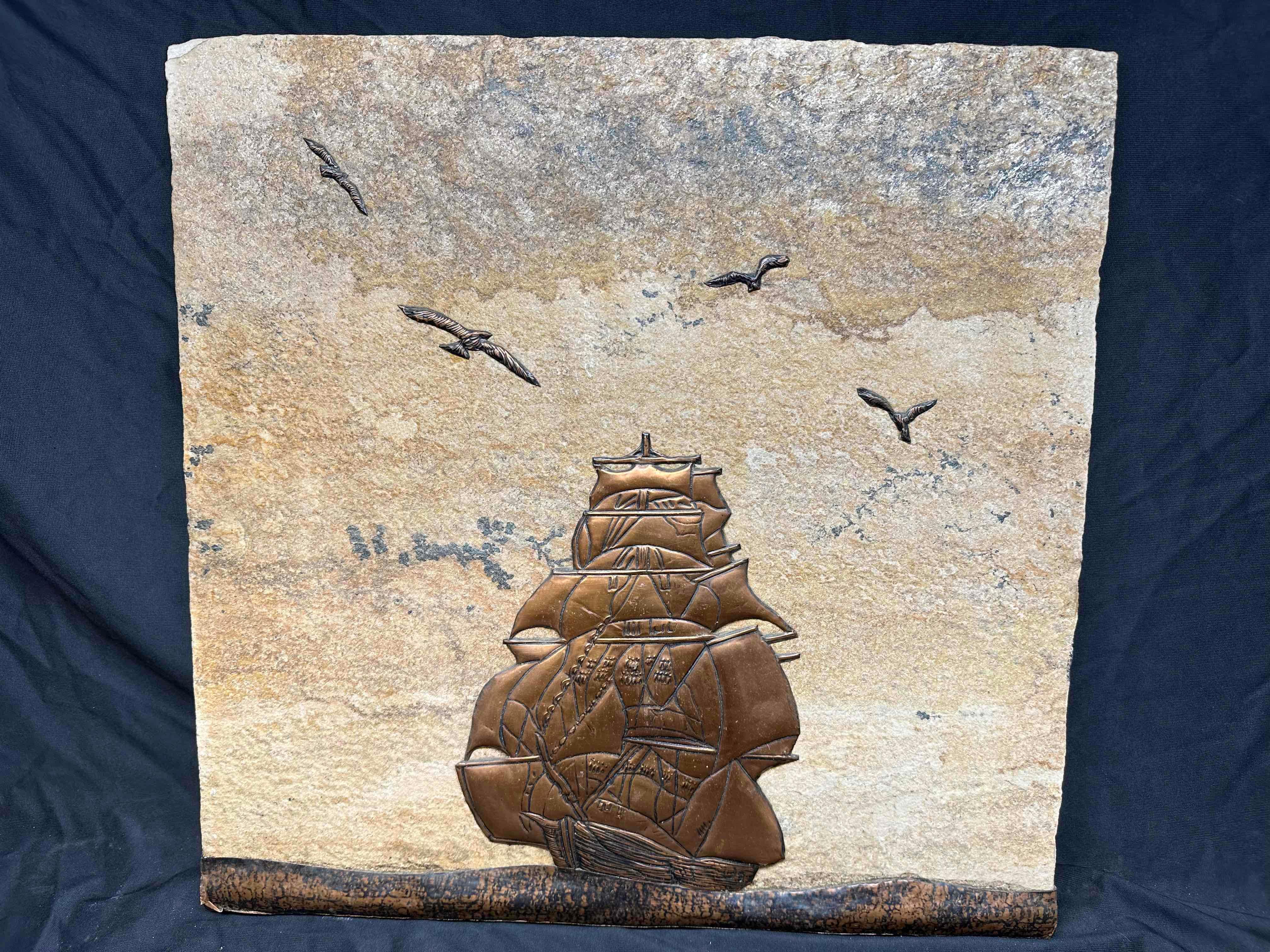 Large Heavy Stone Tile Art of Ship on Ocean | Proxibid