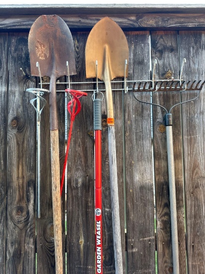 Paint mixers, two shovels and stiff rake, one aerator | Estate ...