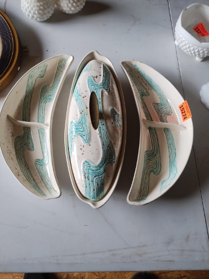 Vintage Bell Pottery atomic 3 piece set aqua swirls gold splatters ...