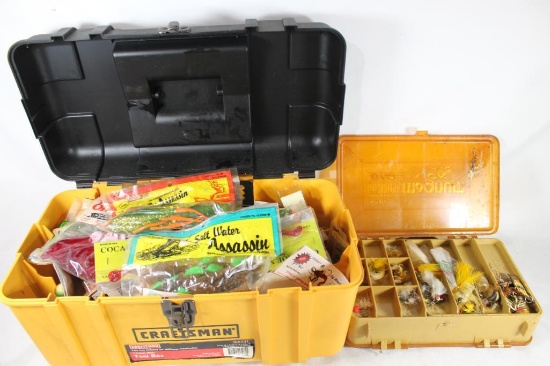 One Plano double sided tackle box with fishing items and one Craftsman ...
