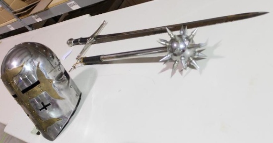 Medieval knights steel helmet, mase and long sword. 36" blade. | Online ...