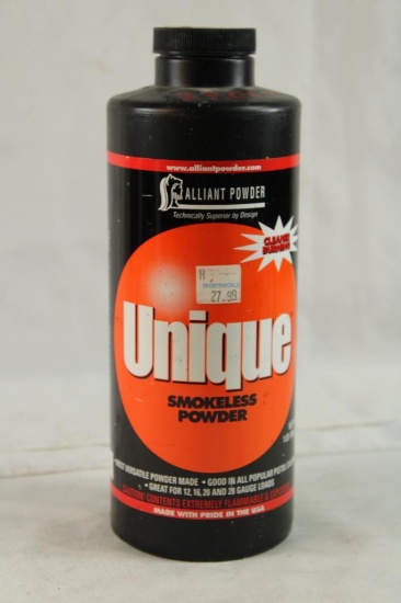 One partial bottle of Alliant Unique reloading powder. Approx 1/2 full ...
