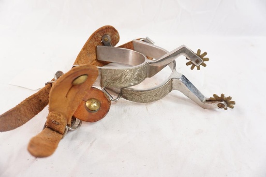 Set of engraved spurs with 9 point rowels and leather spur straps | Art ...