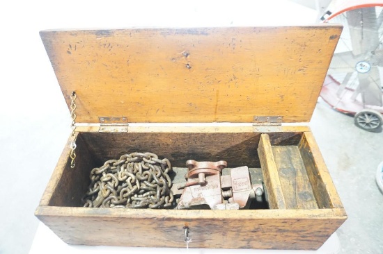 Wooden tool box with nice logging chain and vise inside | Online ...