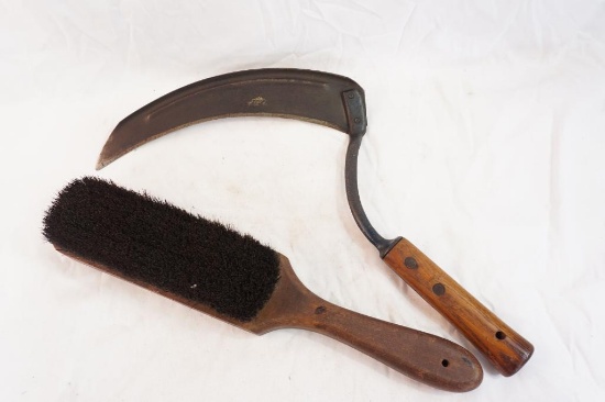 One hand sickle Scythe and one wooden brush | Online Auctions | Proxibid