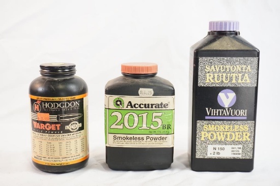 Three partial bottles of reloading powder. One Hodgdon Varget, approx 3 ...