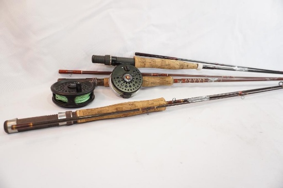 Three fly fishing rods, two with reels. Will not ship local pickup only ...