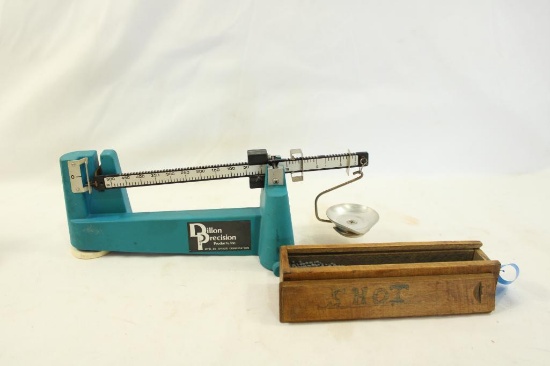 Dillon precision powder scale (missing cup) and a wooden box of shot ...