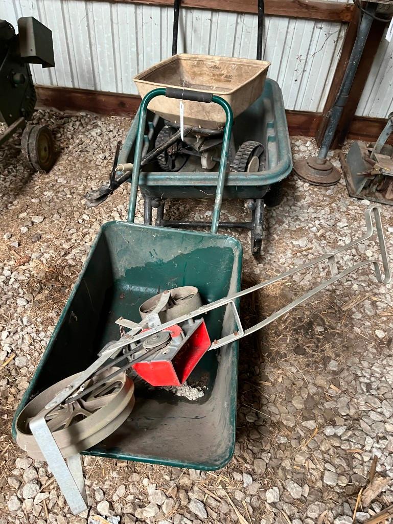 2 push-type lawn carts, pull behind spreader, | Proxibid