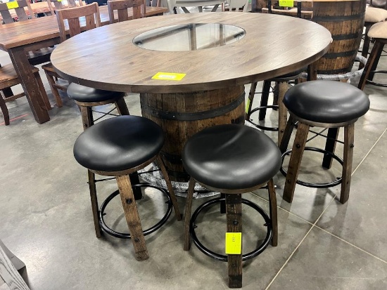 JACK DANIELS BARREL PUB TABLE W 6 BAR STOOLS, 56 IN ROUND | Estate & Personal Property Furniture ...