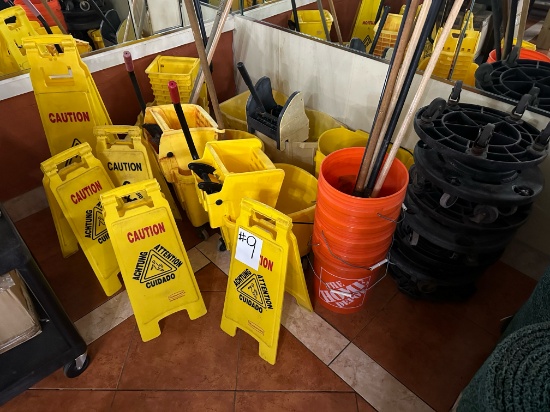 LOT OF MOP BUCKETS, CAUTION SIGNS, MOPS | Online Auctions | Proxibid