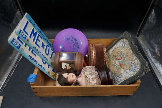 M.N. License Plates, Doll Bust, Trinket Containers, Wooden Crate | Art ...
