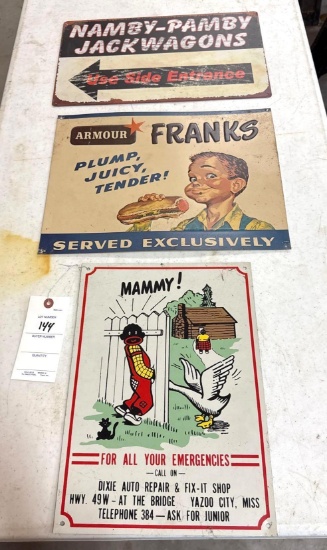 Lot of 3 Metal Signs: Namby-Pamby Jack Wagon, Franks Hotdog, and Mammy ...