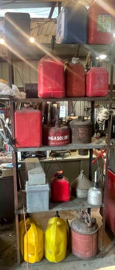Shelf Unit with Contents Gas Cans, Tool Boxes, Saw, and Antique ...