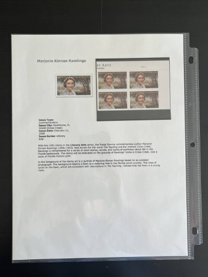 9 Stamps 4 Marjorie Kinnan Rawlings Plate Block 41 Cent Stamps & 5 ...