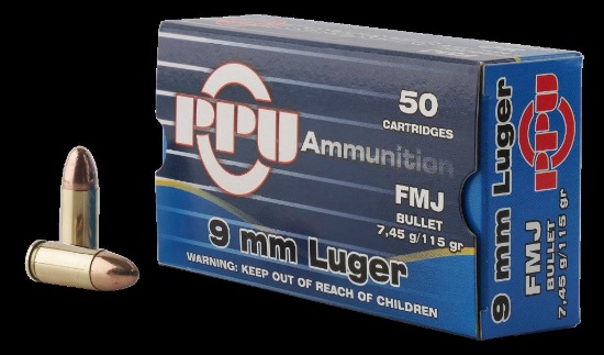 PPU PPH9F1 Handgun 9mm Luger 115 gr Full Metal Jacket FMJ 50 Per Box ...