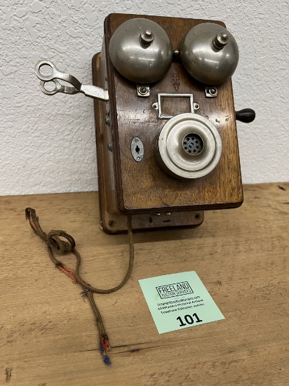 usual late 1890s Oak telephone top box with wood handle crank and ...