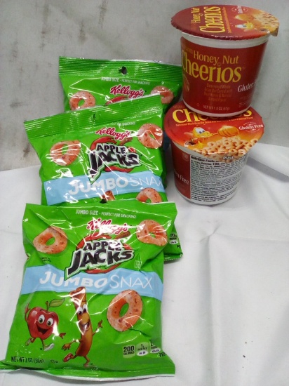 Qty 3 Apple Jacks Jumbo Snax 2oz/Qty 2 Honey Nut Cheerios 1.8oz ...