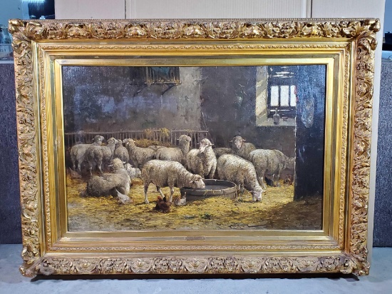 Louise J. Guyot large French Oil on Canvas "In the Sheepfold" Painting ...
