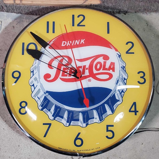 15" Round Pepsi Cola Pam Clock Co. Yellow Bottlecap Advertising Clock ...