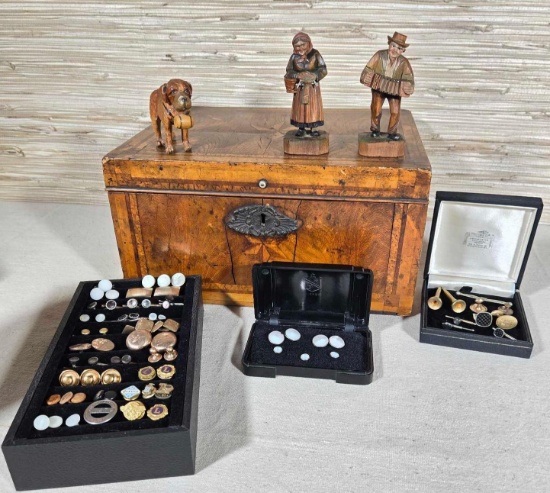 Antique Inlay Hinged Box, 3 Italian Carved Wood Anri Figures, & Antique ...