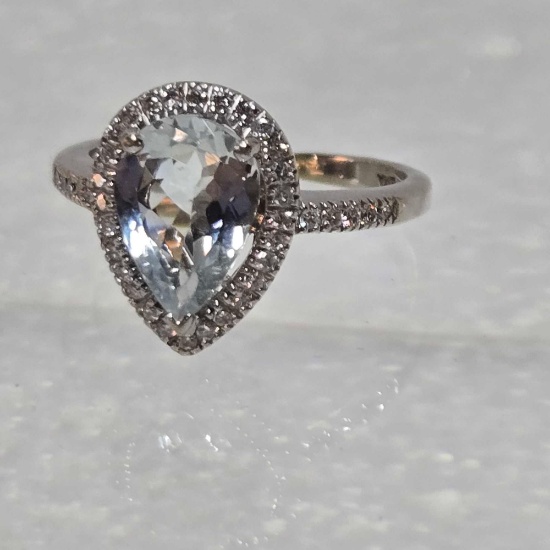 14K White Gold Signed EMA Aqua Marine Pear Cut Stone Surrounded By ...
