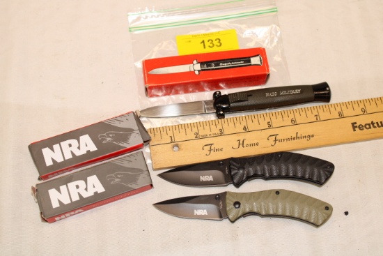 (2) "NRA" Lockblade Knives and (1) NATO Military Auto. Knife | Guns ...