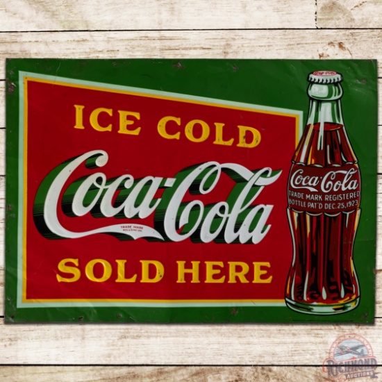 1932 Ice Cold Coca Cola Sold Here Emb. SS Tin Sign w/ Christmas Bottle ...