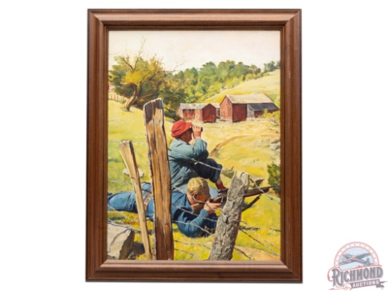 Hunter & Spotter in Rolling Landscape Oil on Masonite Signed Framed Art ...