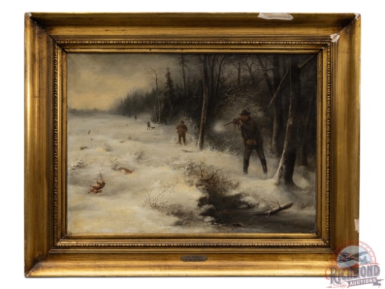 JF Hoffman Painting Oil on Canvas Winter Scene w/ Theodore Roosevelt ...