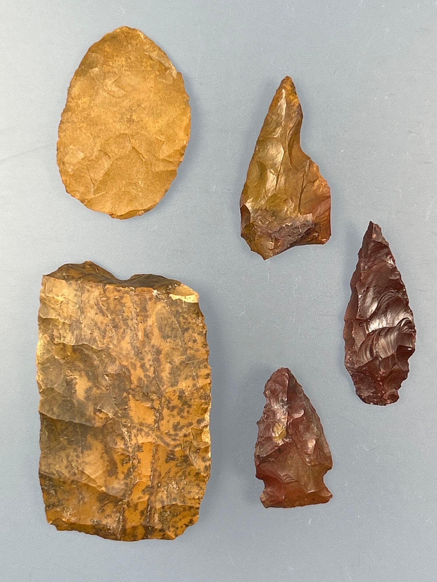 Lot of 5 Jasper Artifacts, Arrowheads, Tools, | Proxibid