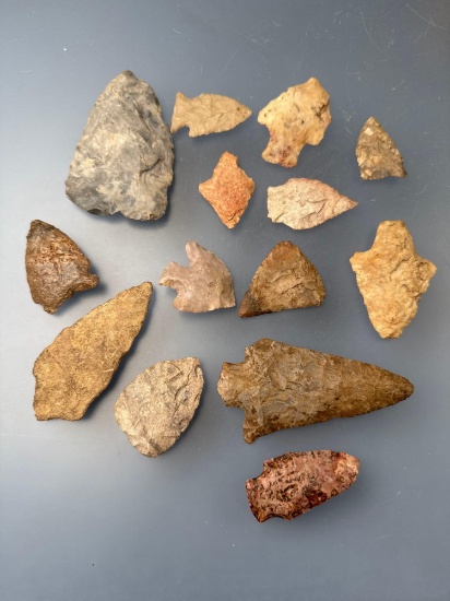 13 Various Arrowheads, Central and Southeastern US States, Longest is 3 ...
